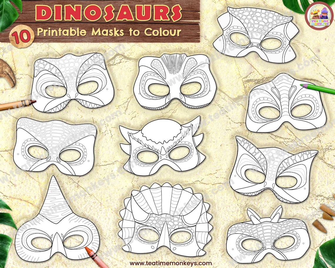 DINOSAURS Masks for Kids TEN Printable Masks to Color PDF Dinosaur ...