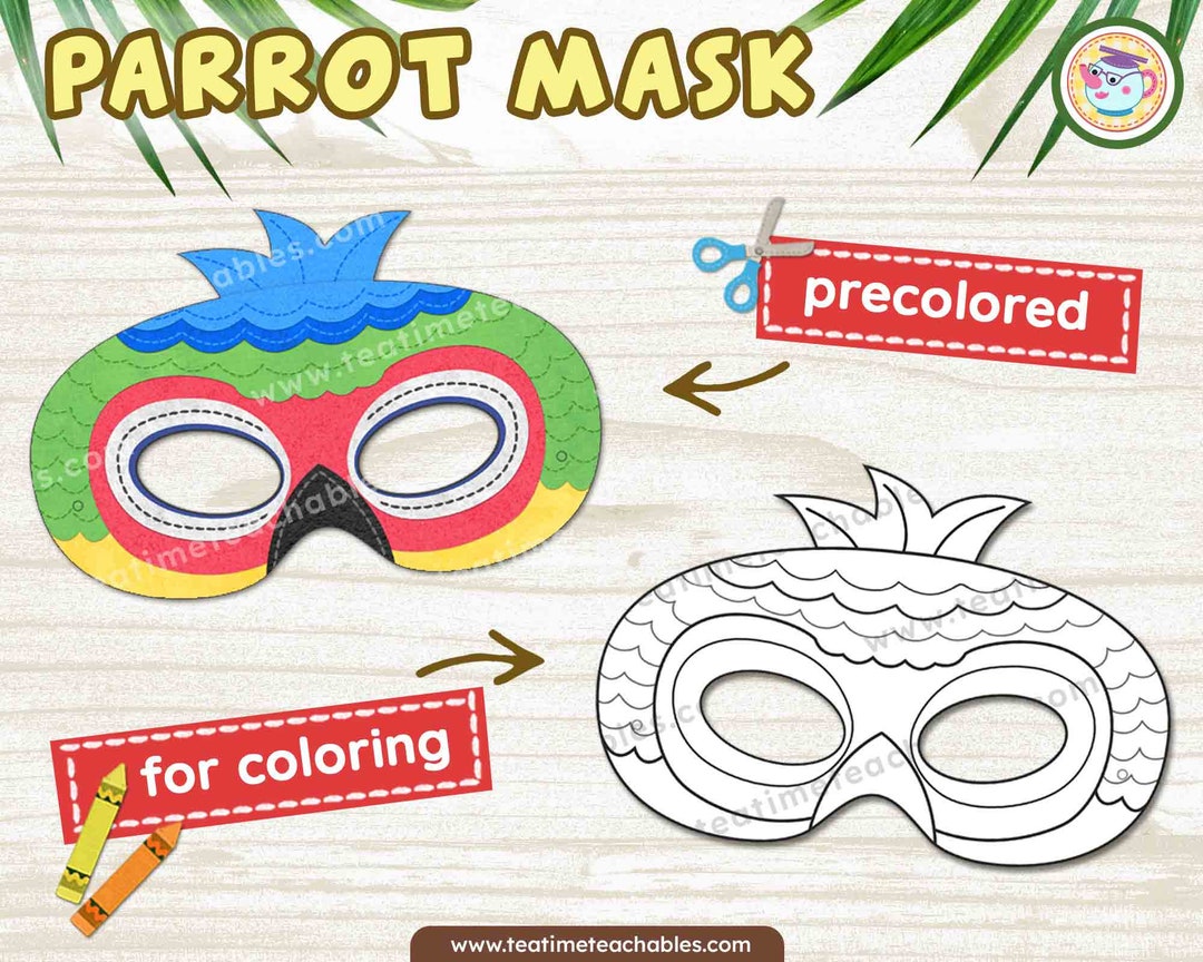 PARROT Mask: in Color and for Coloring - Printable Jungle Animals Mask ...