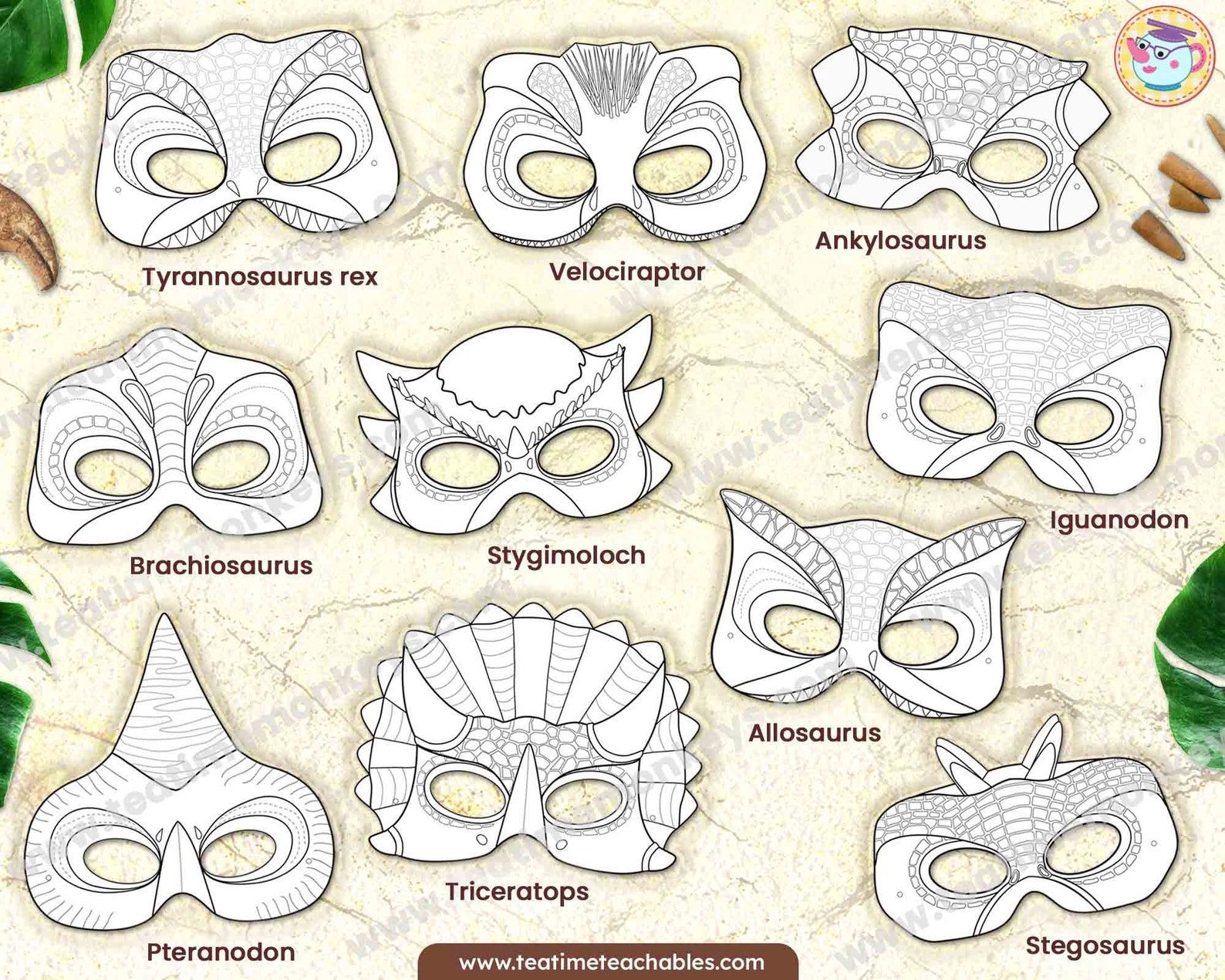 DINOSAURS Masks for Kids Bundle - 20 Printable Masks: Precolored + for ...