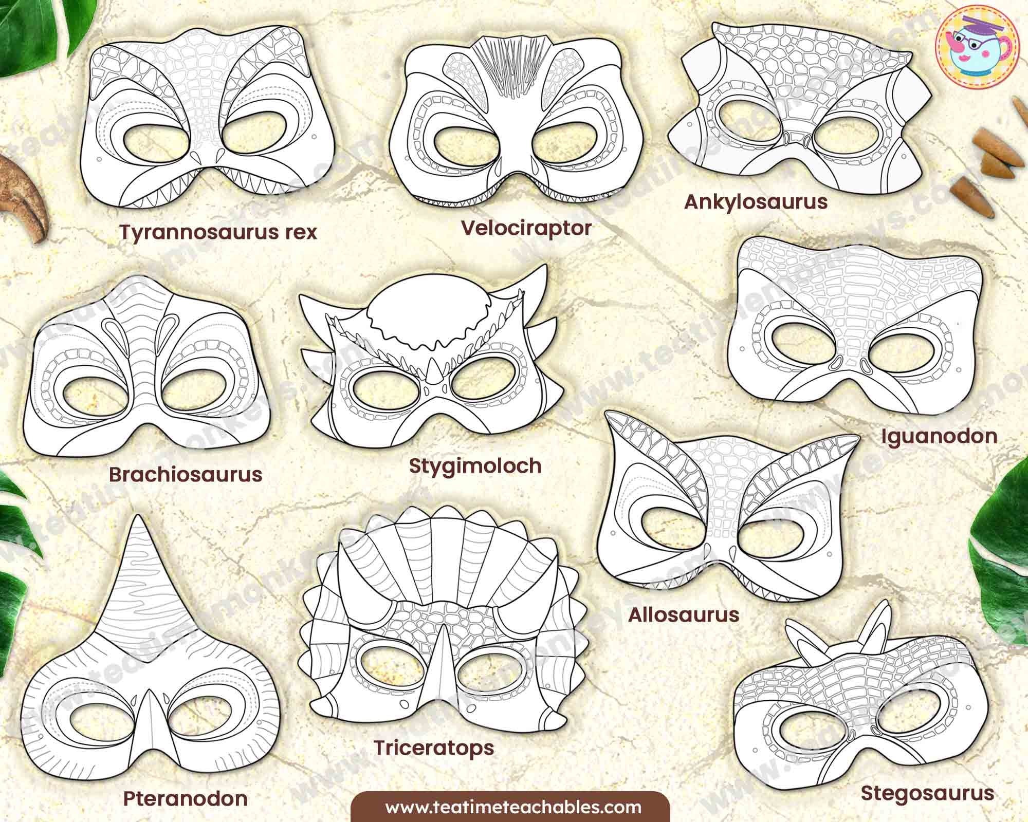 DINOSAURS Masks for Kids Bundle - 20 Printable Masks: Precolored + for ...