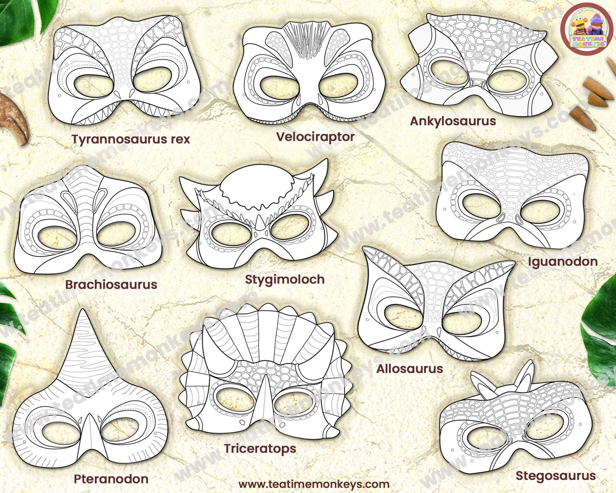 DINOSAURS Masks for Kids TEN Printable Masks to Color PDF Dinosaur ...