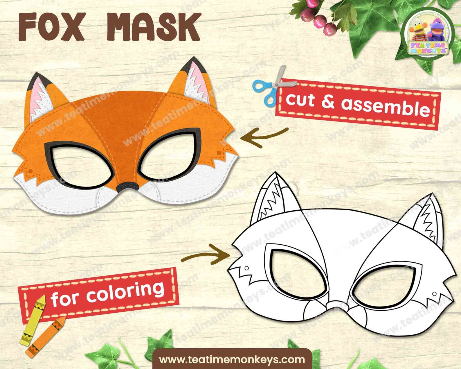 FOX Mask: in Color and for Coloring Printable Mask for Kids PDF Forest ...
