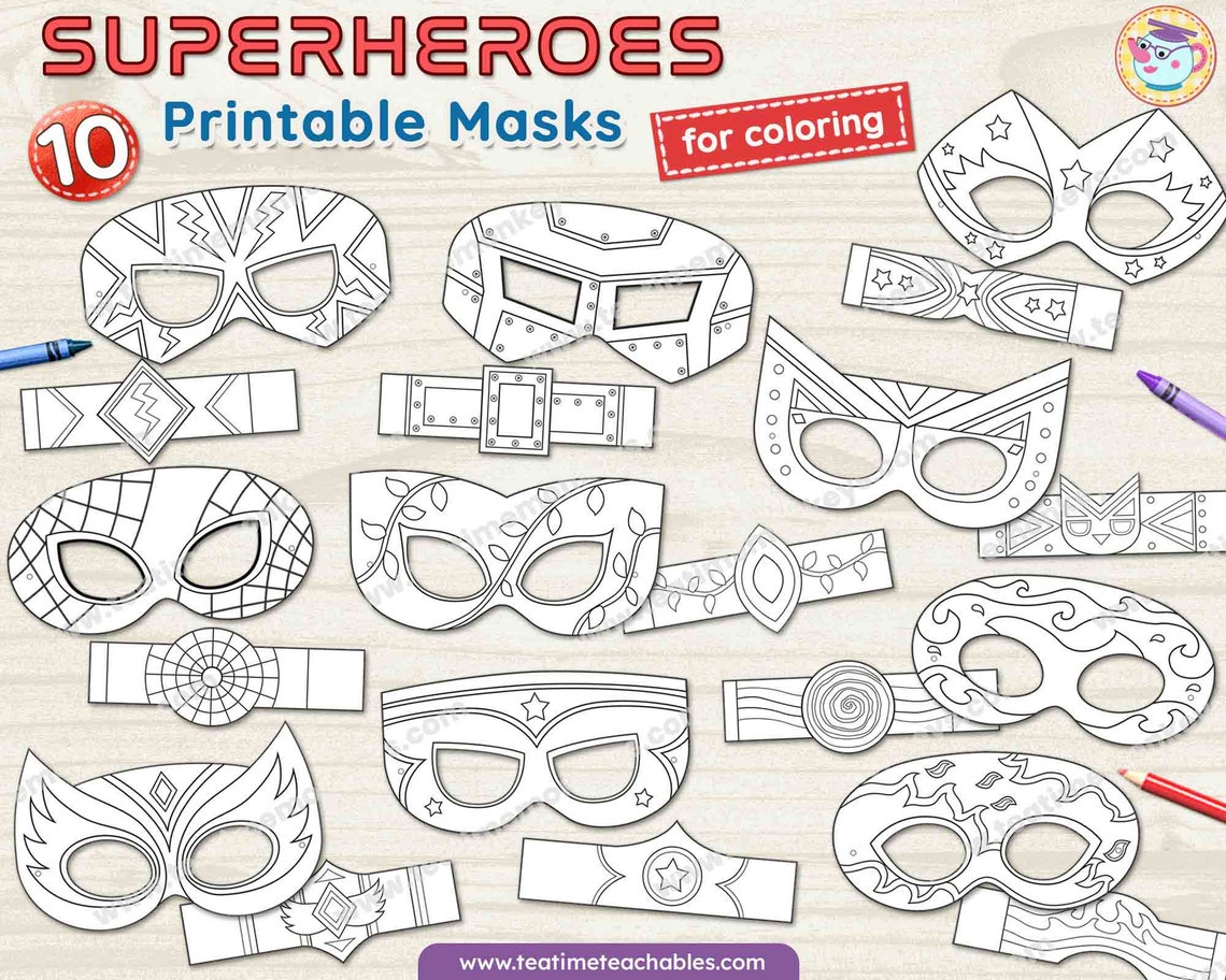SUPERHEROES Masks for Kids TEN Printable Masks and Wristbands to Color ...