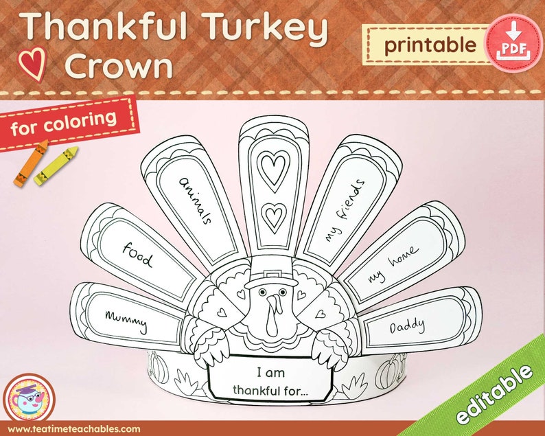 Thankful Turkey Crown for Coloring Editable PDF Printable Thanksgiving ...