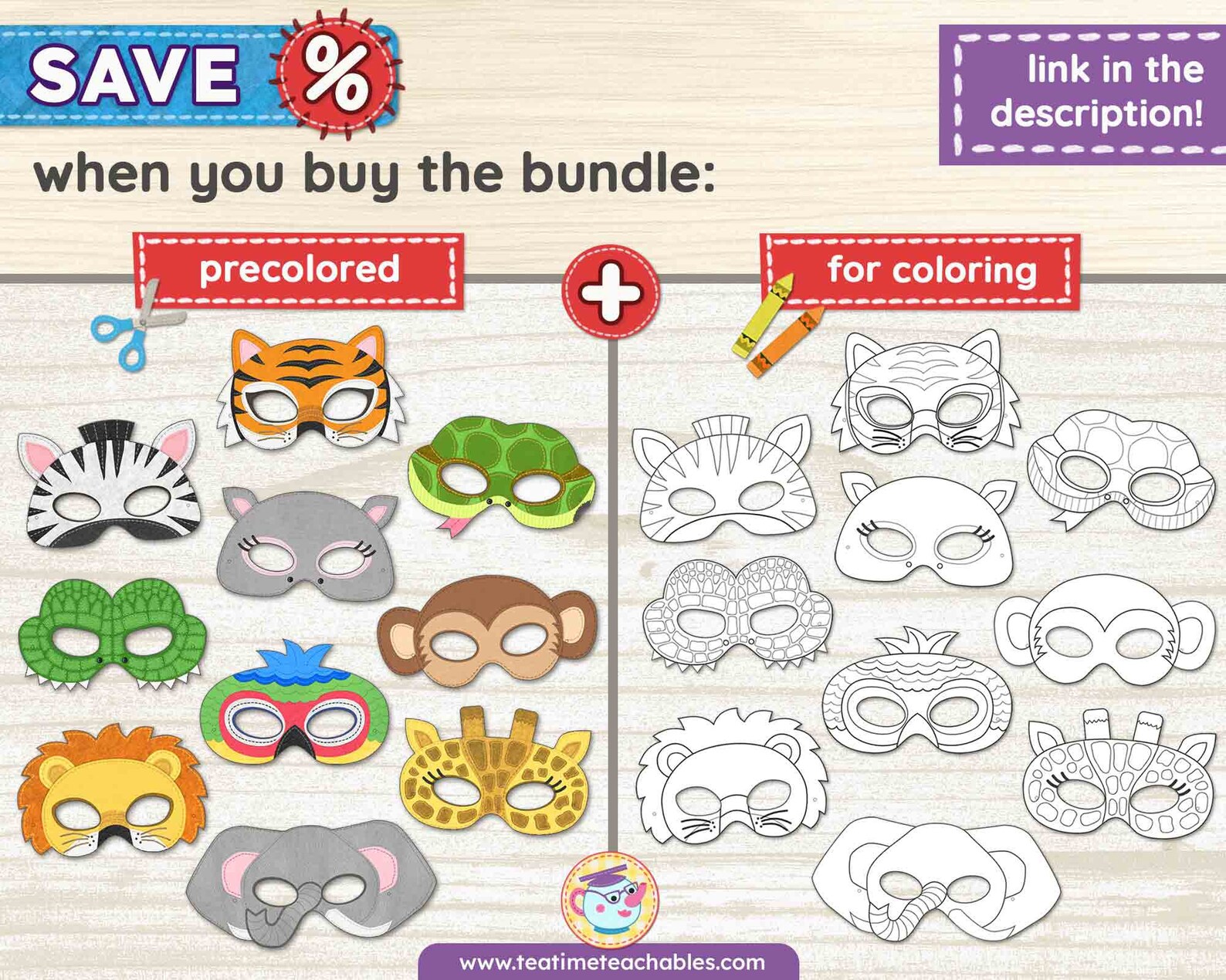 HIPPO Mask: Precolored and for Coloring- Printable Jungle Animals Mask ...