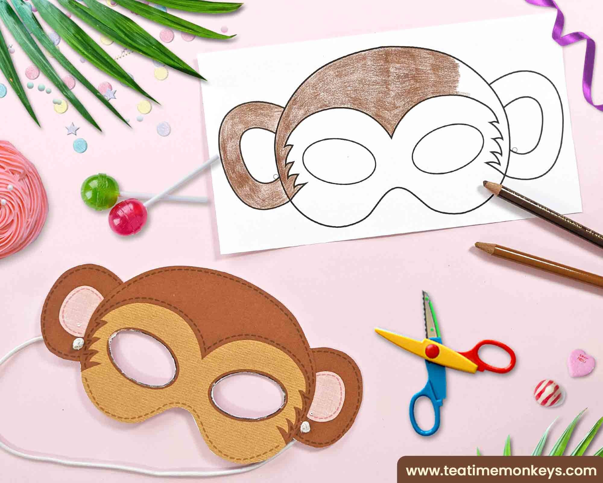 MONKEY Mask: in Color and for Coloring Printable Jungle Animals Mask ...