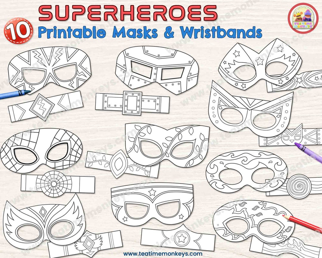SUPERHEROES Masks for Kids TEN Printable Masks and Wristbands to Color ...