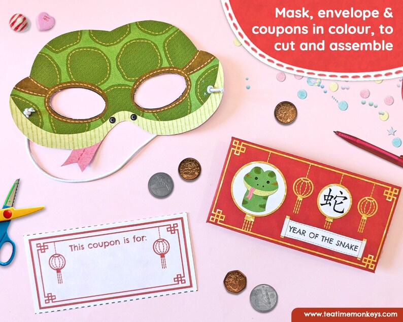 Year of the Snake Craft Pack: Precolored Printable Mask, Envelope ...