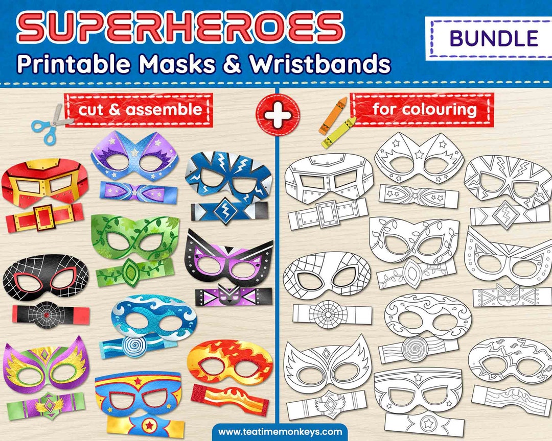 SUPERHEROES Masks for Kids Bundle 20 Printable Masks: Color for ...