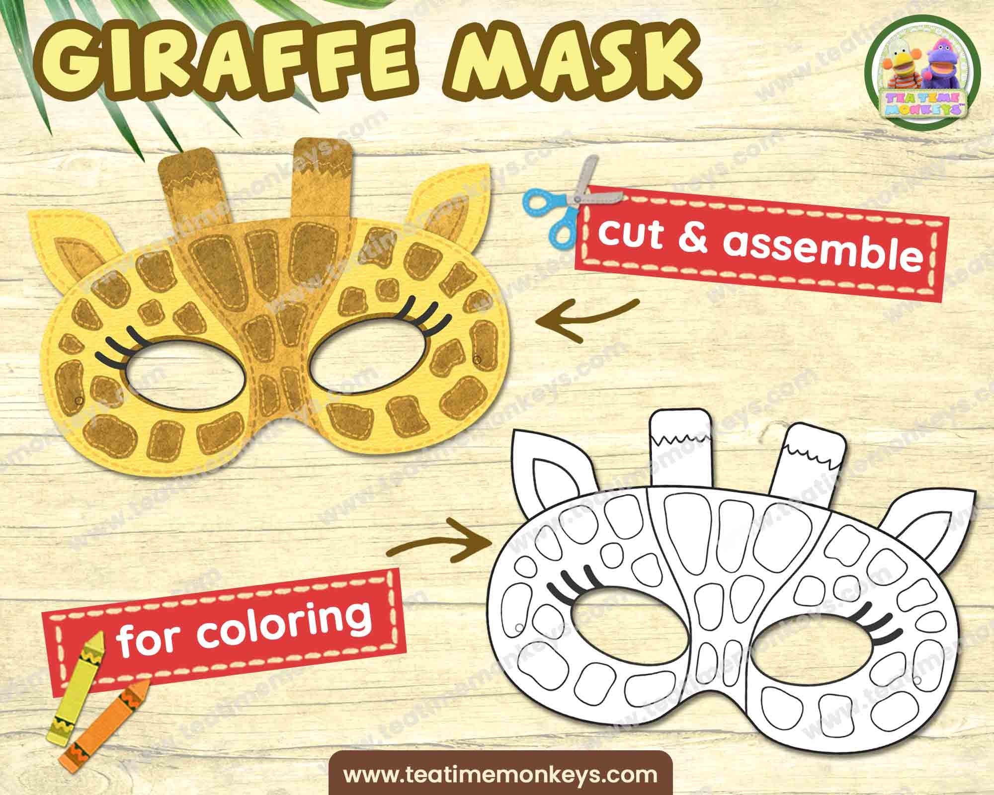 GIRAFFE Mask: in Color and for Coloring Printable Jungle Animals Mask ...