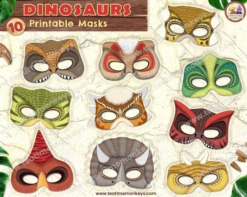 DINOSAURS Masks for Kids TEN Printable Masks in Color PDF Dinosaur ...