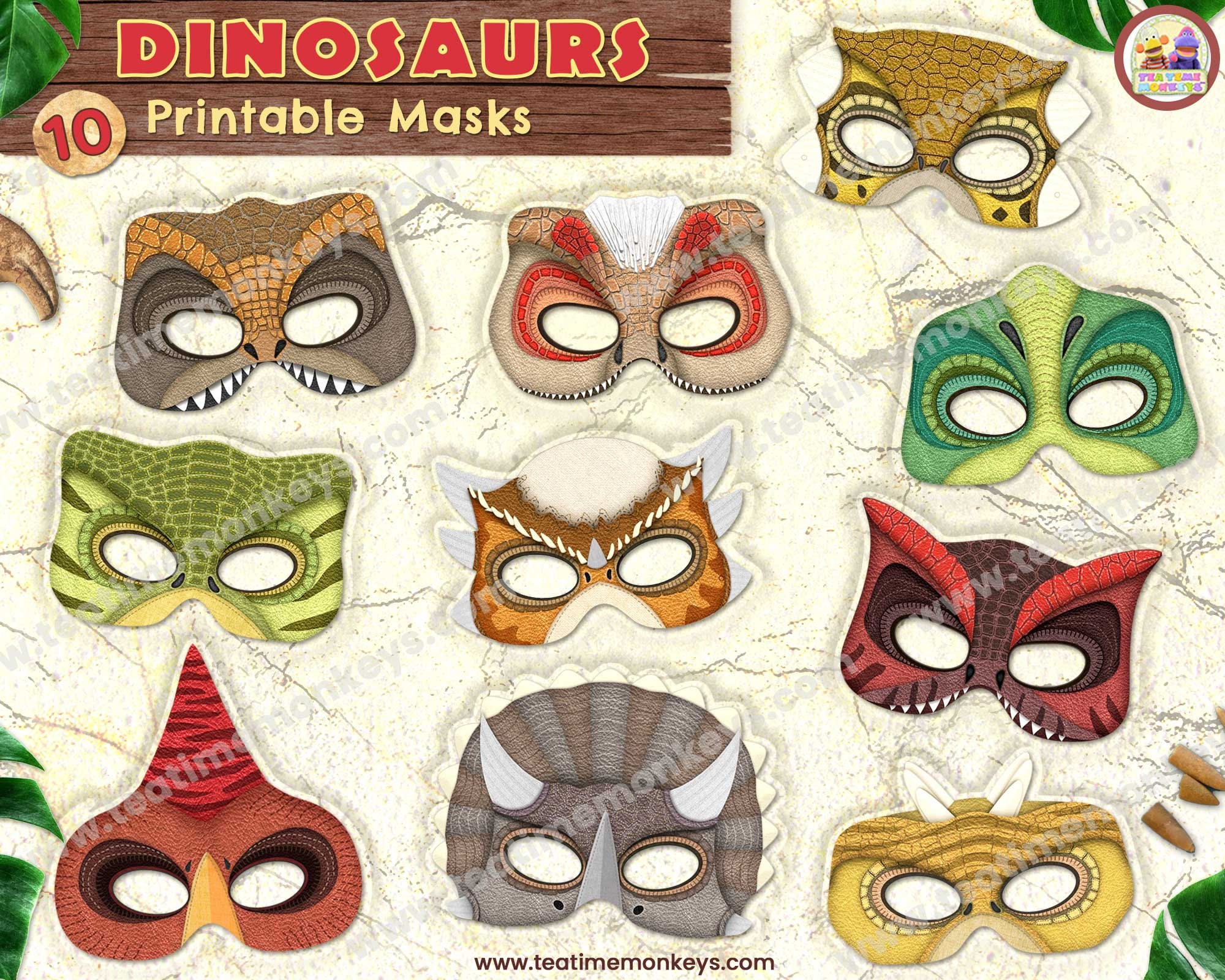 DINOSAURS Masks for Kids TEN Printable Masks in Color PDF Dinosaur ...