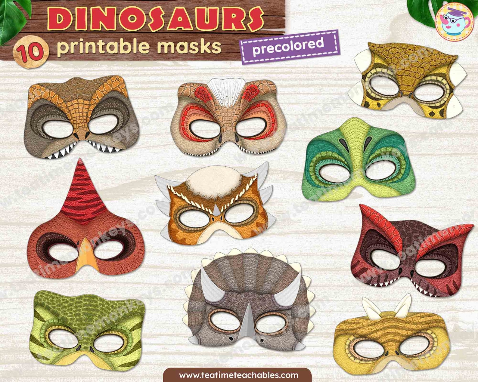 DINOSAURS Masks for Kids - TEN Printable Masks in Color - PDF ...