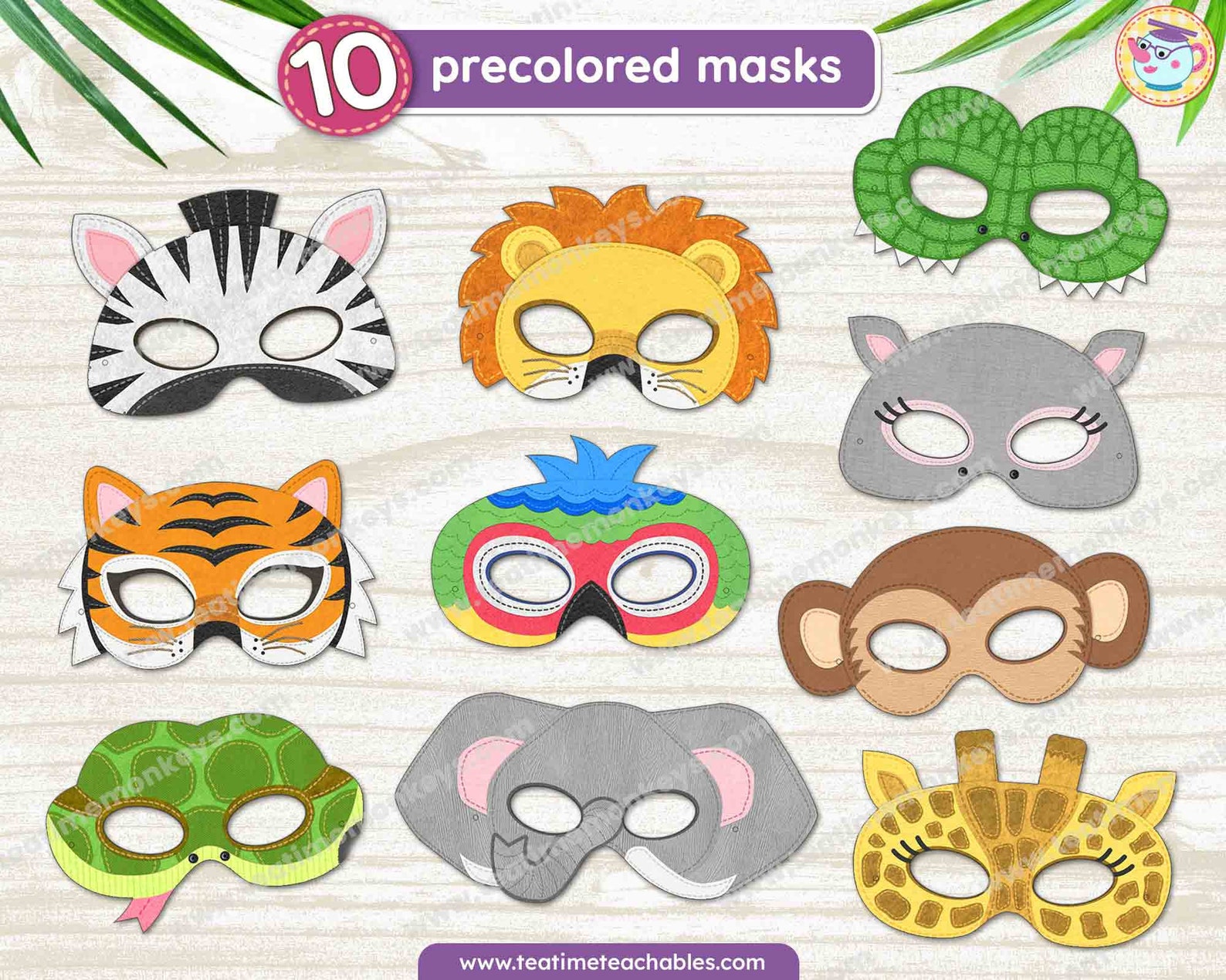 Jungle Animals Masks: Precolored Safari Party Costume for Kids (PDF) - Etsy