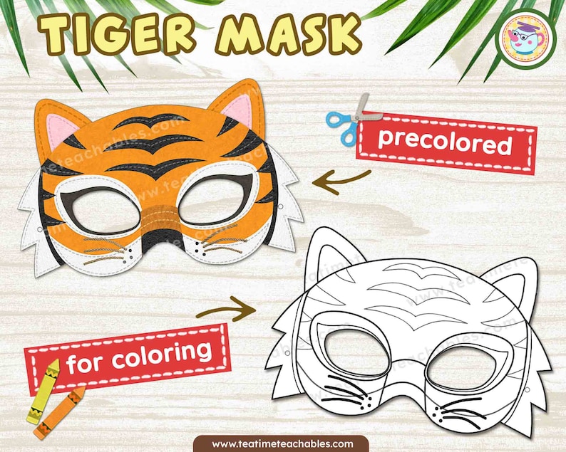 TIGER Mask: in Color and for Coloring - Printable Jungle Animals Mask ...