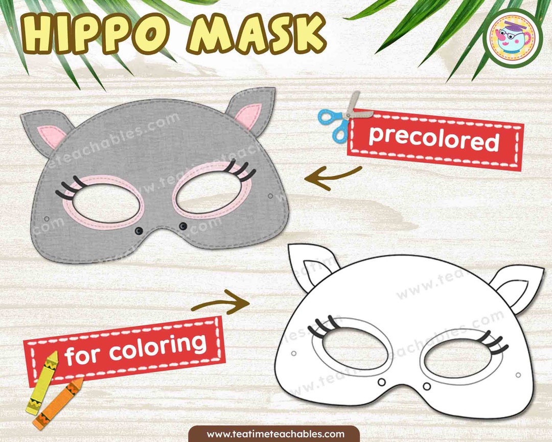 HIPPO Mask: Precolored and for Coloring- Printable Jungle Animals Mask ...