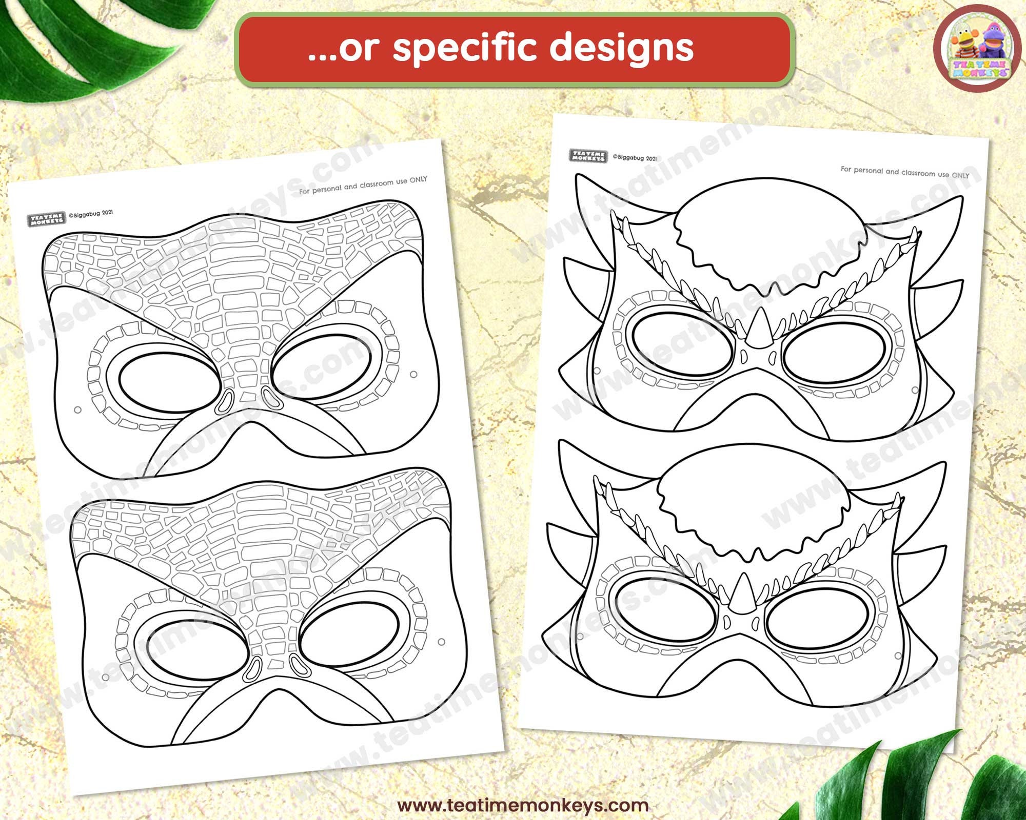 DINOSAURS Masks for Kids TEN Printable Masks to Color PDF Dinosaur ...