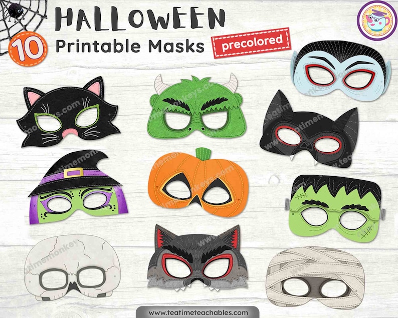 Halloween Masks for Kids: Ten Printable Precolored Masks - PDF ...