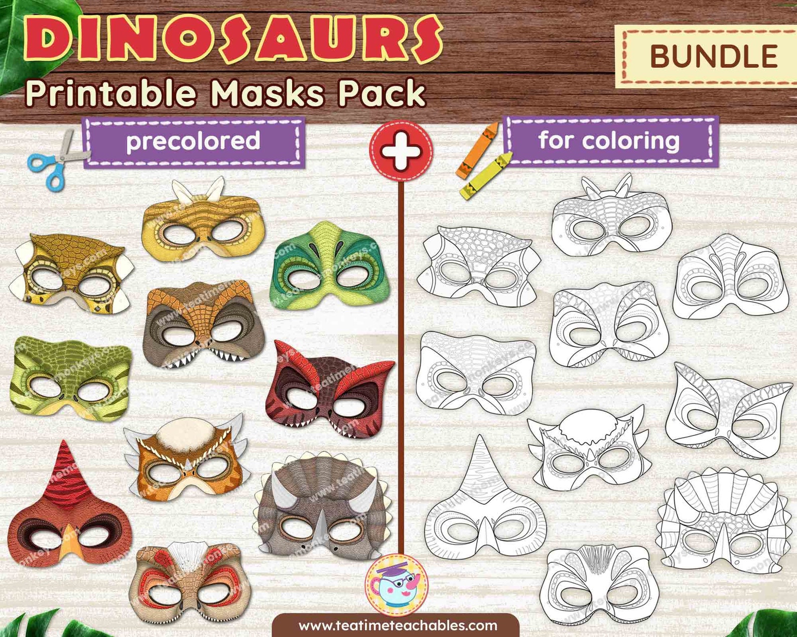 DINOSAURS Masks for Kids Bundle - 20 Printable Masks: Precolored + for ...