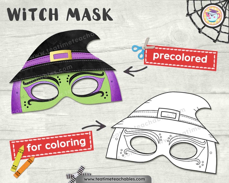 WITCH Mask: Precolored and for Coloring - Printable Halloween Mask for ...