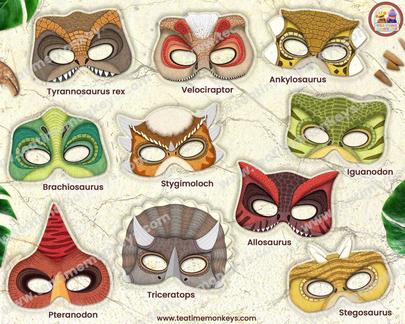 DINOSAURS Masks for Kids TEN Printable Masks in Color PDF Dinosaur ...