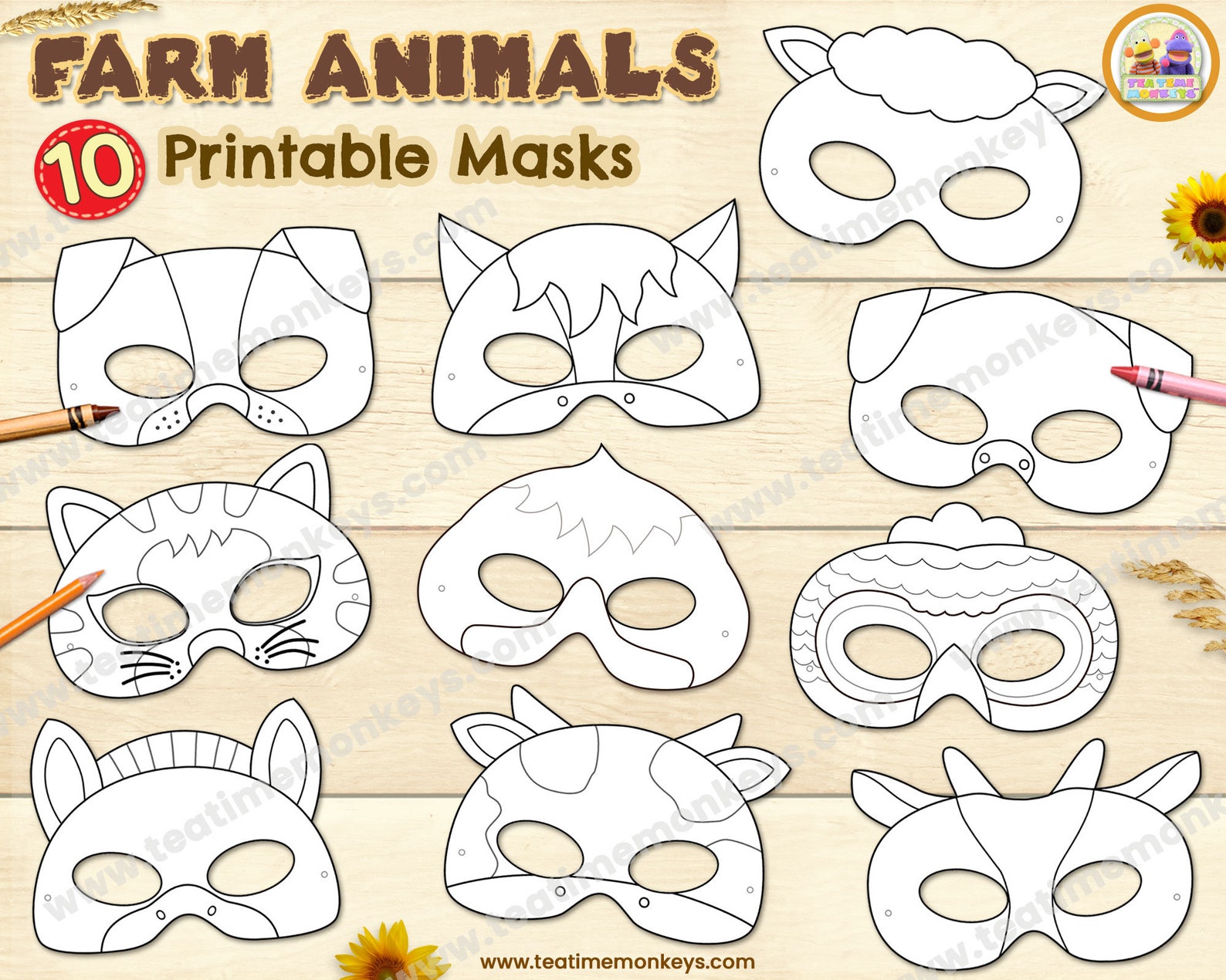 FARM ANIMALS Masks TEN Printable Masks to Colour and | Etsy