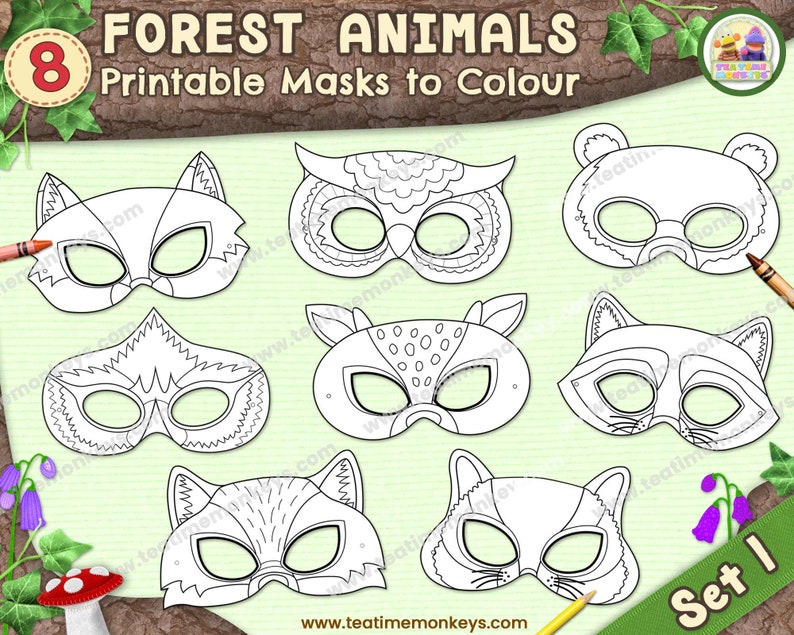 FOREST ANIMALS Masks Set 1 EIGHT Printable Masks for Coloring Forest ...