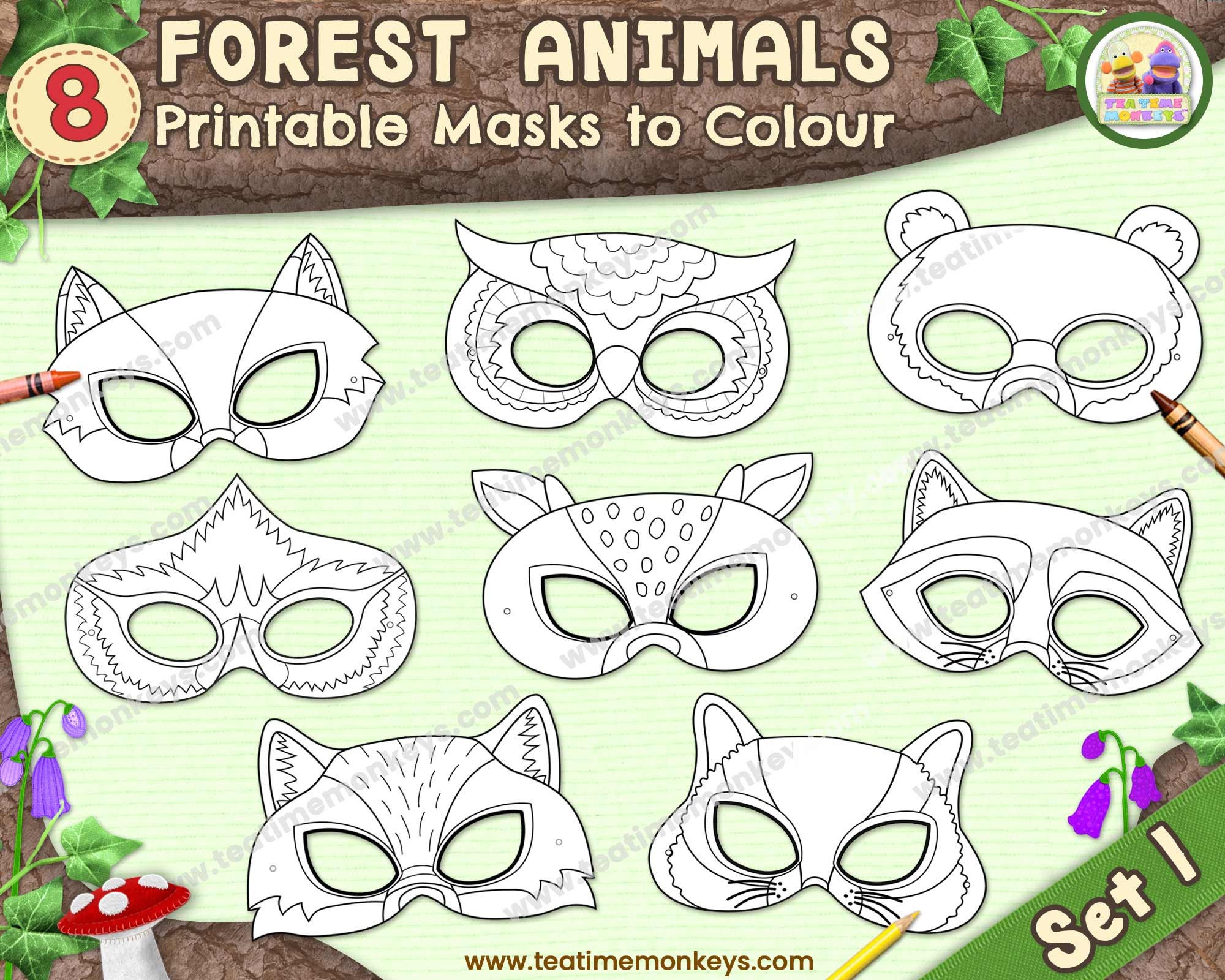 FOREST ANIMALS Masks Set 1 EIGHT Printable Masks for Coloring Forest ...