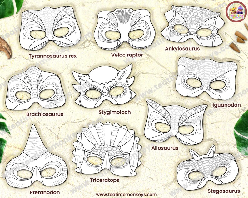DINOSAURS Masks for Kids Bundle 20 Printable Masks: Color for Coloring ...