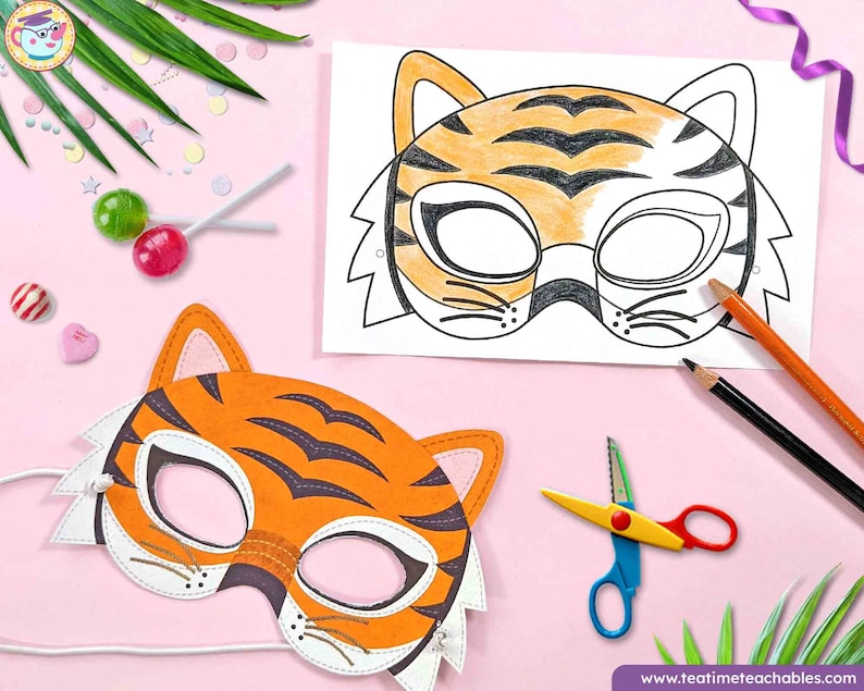 Printable Tiger Mask: Precolored & Coloring, Jungle Animal Costume (PDF ...