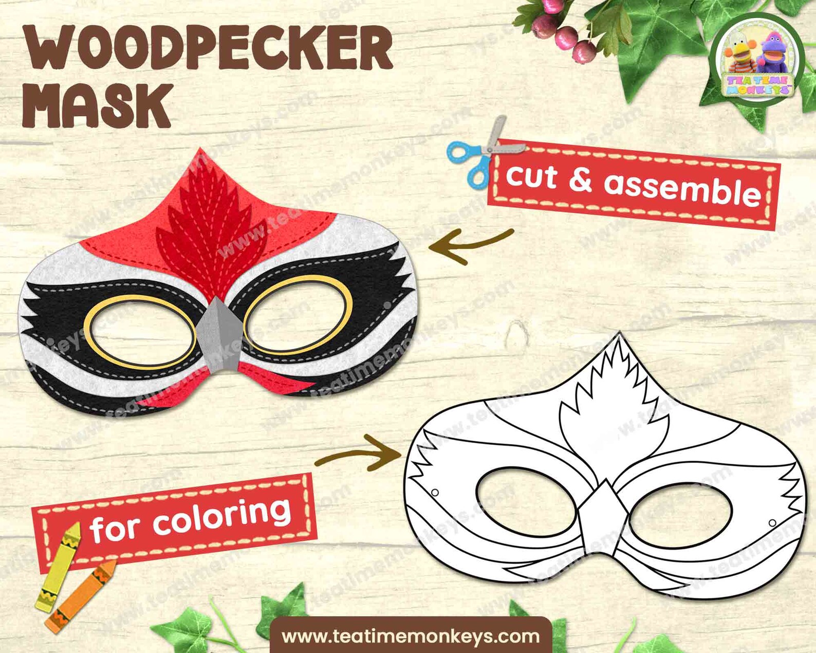 WOODPECKER Mask: in Color and for Coloring Printable Mask - Etsy