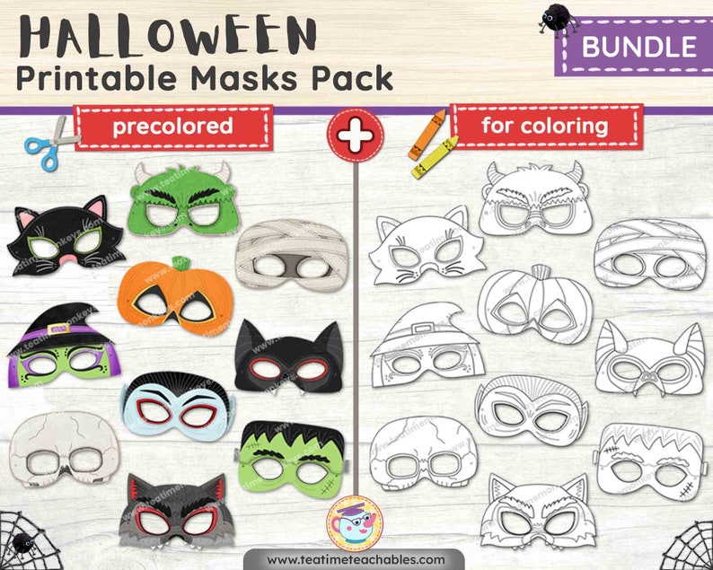 Printable Halloween Masks for Kids: Coloring & Precolored (PDF) - Etsy