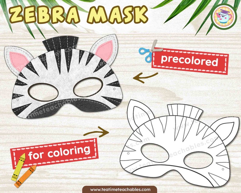 ZEBRA Mask: Precolored and for Coloring - Printable Jungle Animals Mask ...