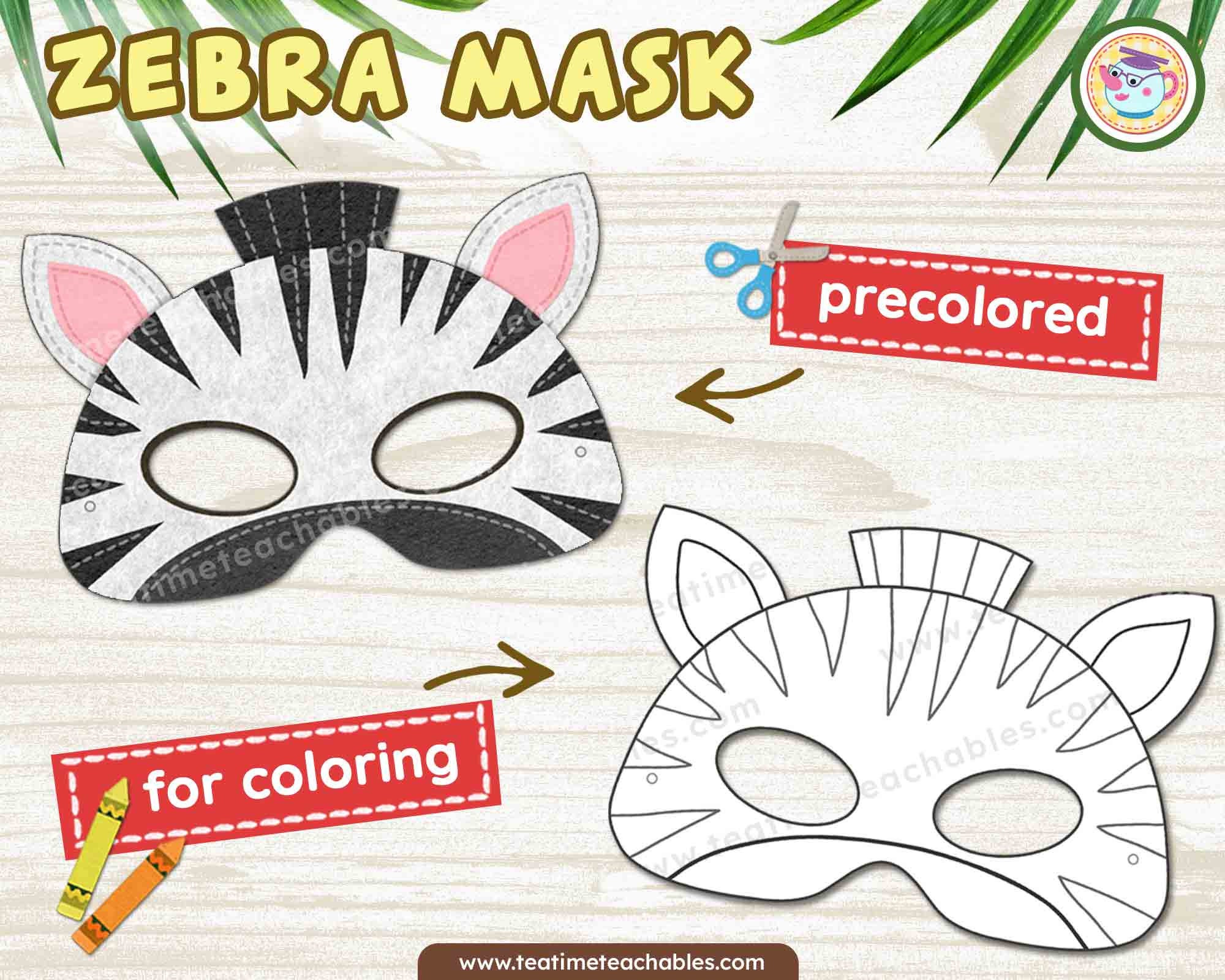 ZEBRA Mask: Precolored and for Coloring Printable Jungle Animals Mask ...