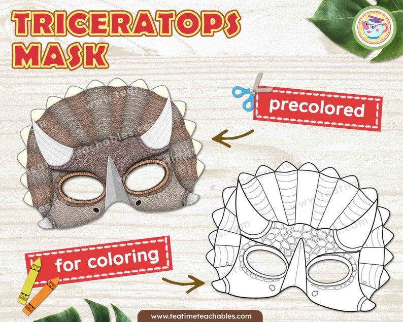 TRICERATOPS Dinosaur Mask: Precolored and for Coloring - Printable ...