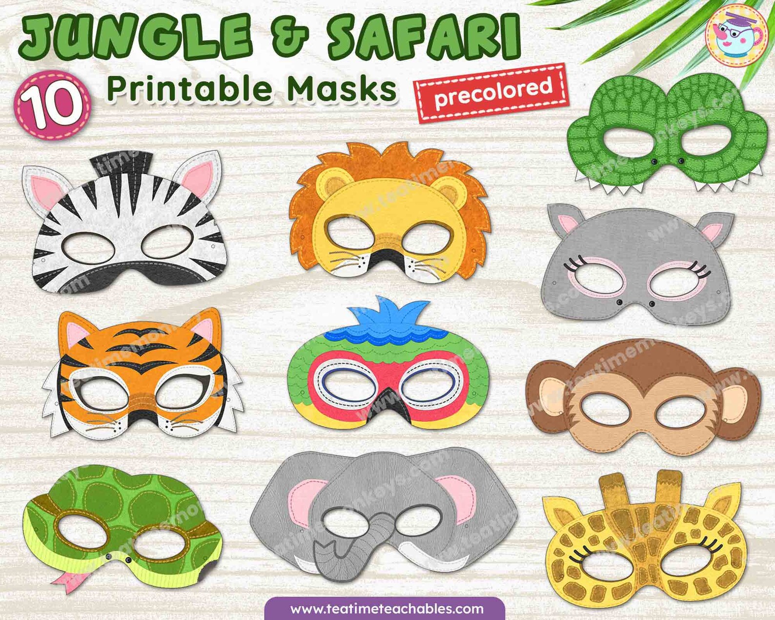 Jungle Animals Masks: Precolored Safari Party Costume for Kids (PDF) - Etsy