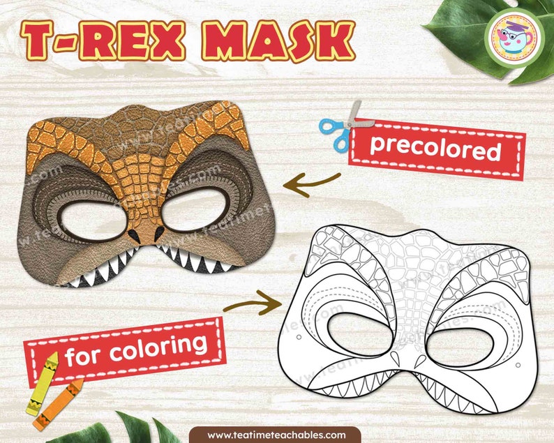 Printable T-rex Mask: Precolored & Coloring Dinosaur Craft (PDF) - Etsy