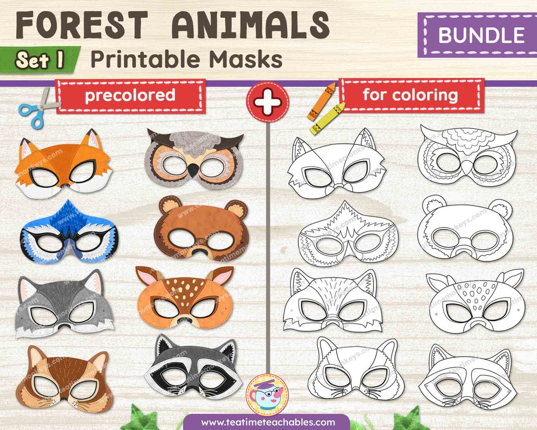 Forest Animal Masks: Printable Precolored & Coloring Masks (PDF) - Set ...
