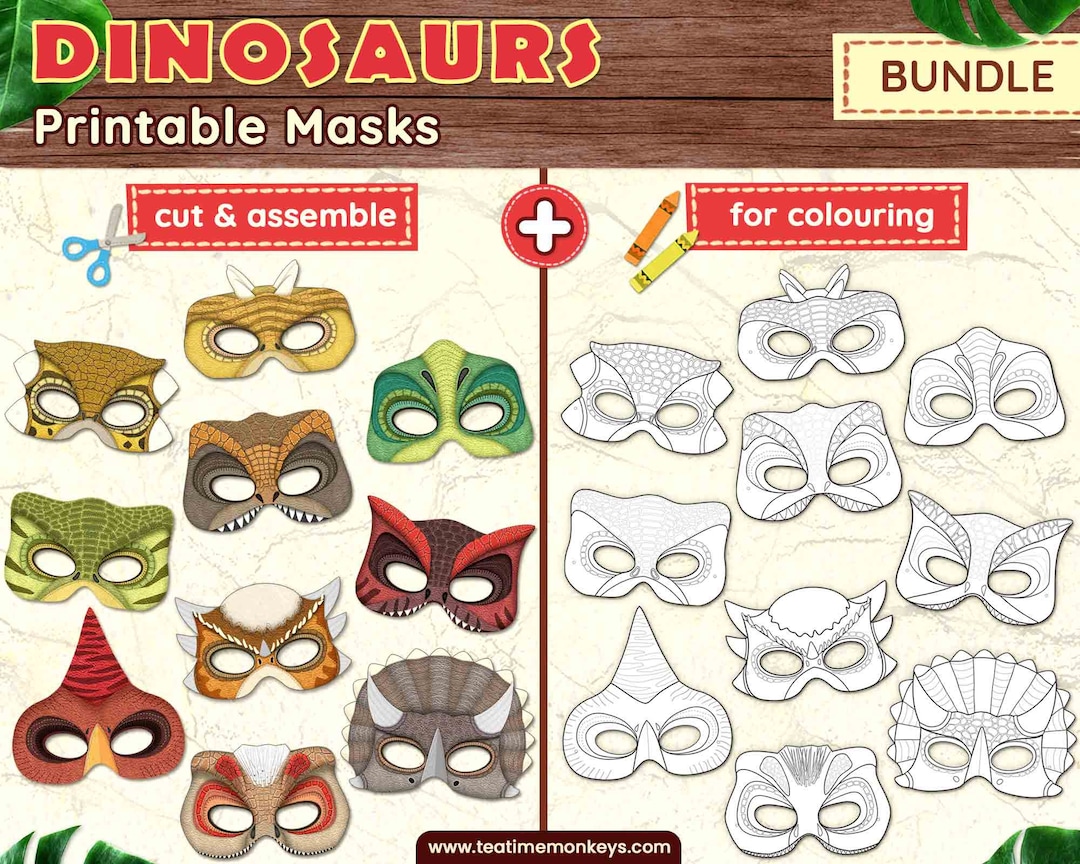DINOSAURS Masks for Kids Bundle 20 Printable Masks: Color for Coloring ...