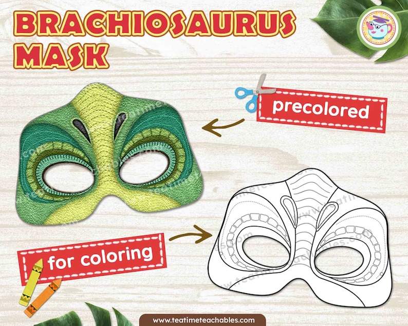 BRACHIOSAURUS Dinosaur Mask: Precolored & for Coloring - Printable ...