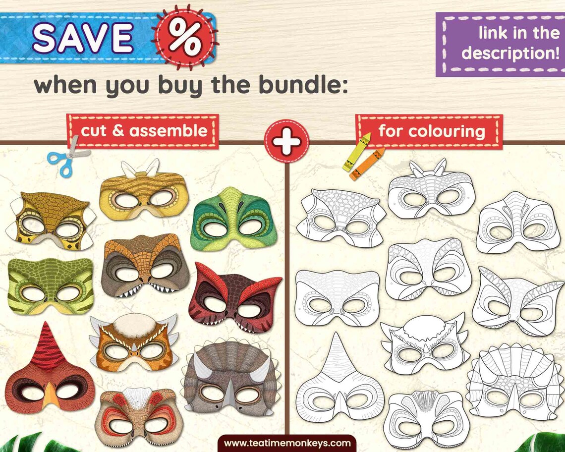 DINOSAURS Masks for Kids TEN Printable Masks to Color PDF Dinosaur ...