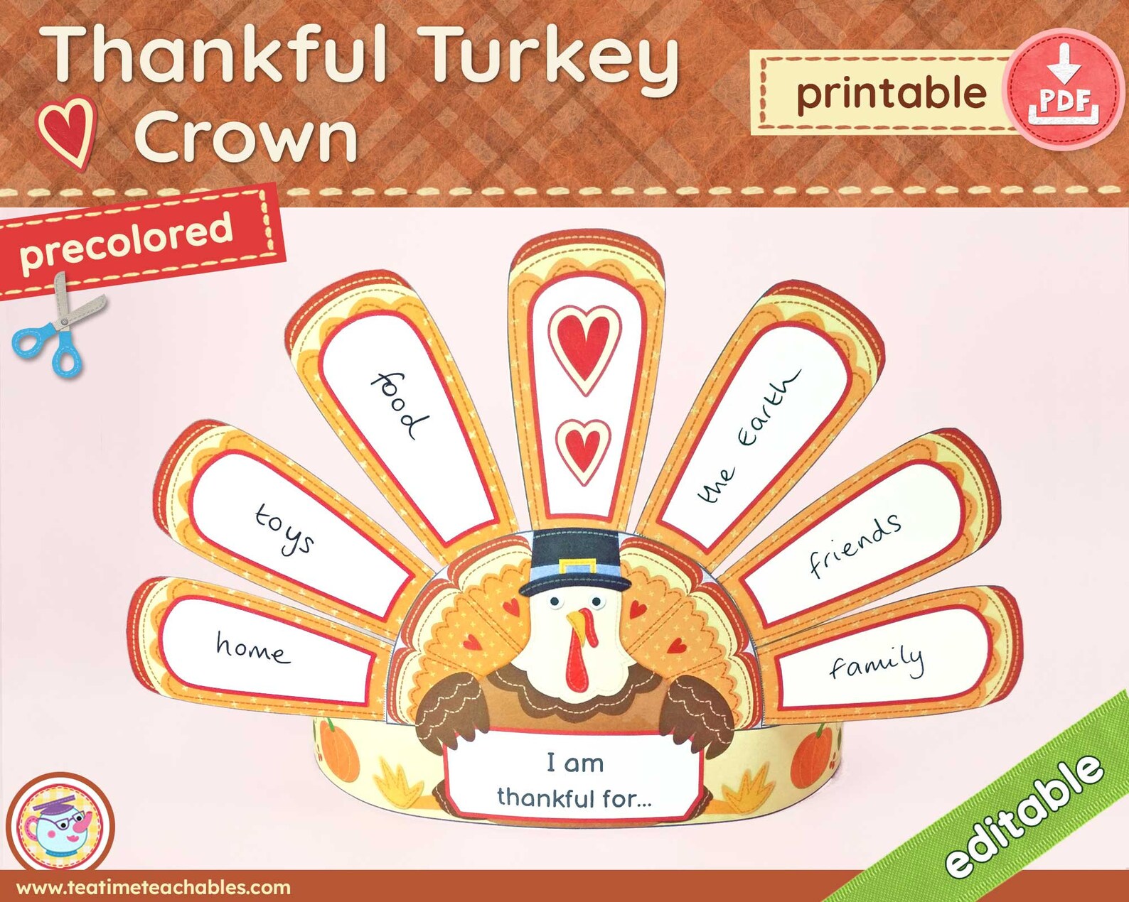 Thankful Turkey Crown for Kids Precolored and Editable PDF Printable ...