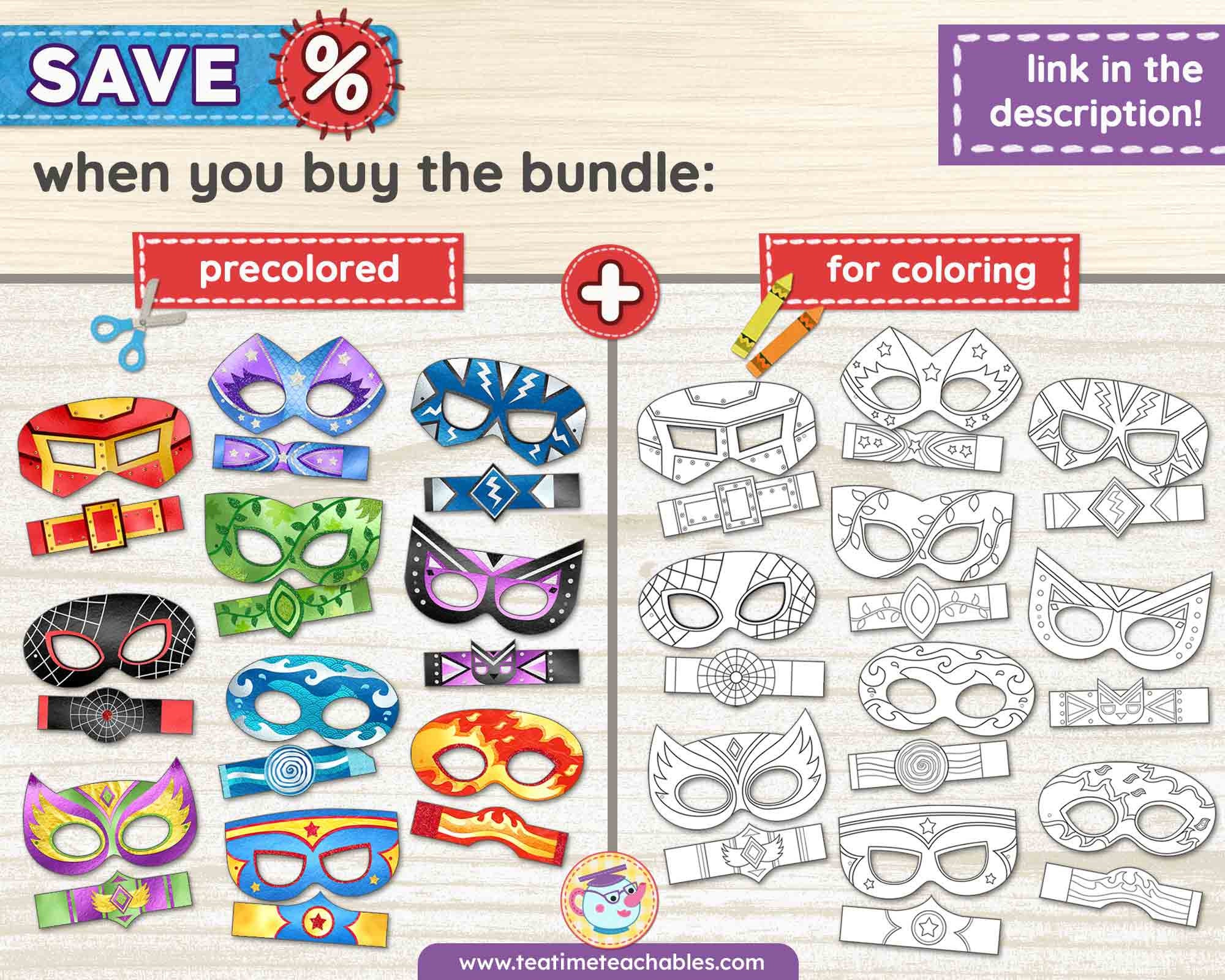 Superhero Masks for Kids: 10 Printable Masks & Wristbands to Color (PDF ...