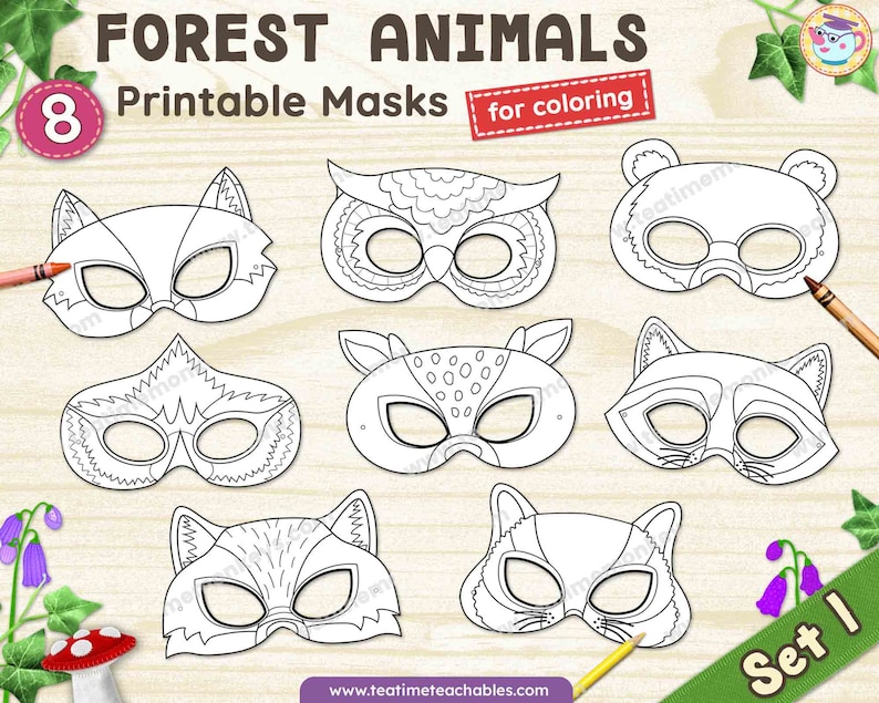 FOREST ANIMALS Masks Set 1 - EIGHT Printable Masks for Coloring ...