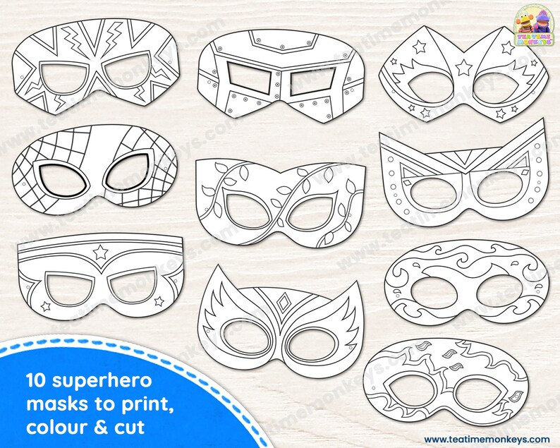 SUPERHEROES Masks for Kids TEN Printable Masks and Wristbands to Color ...