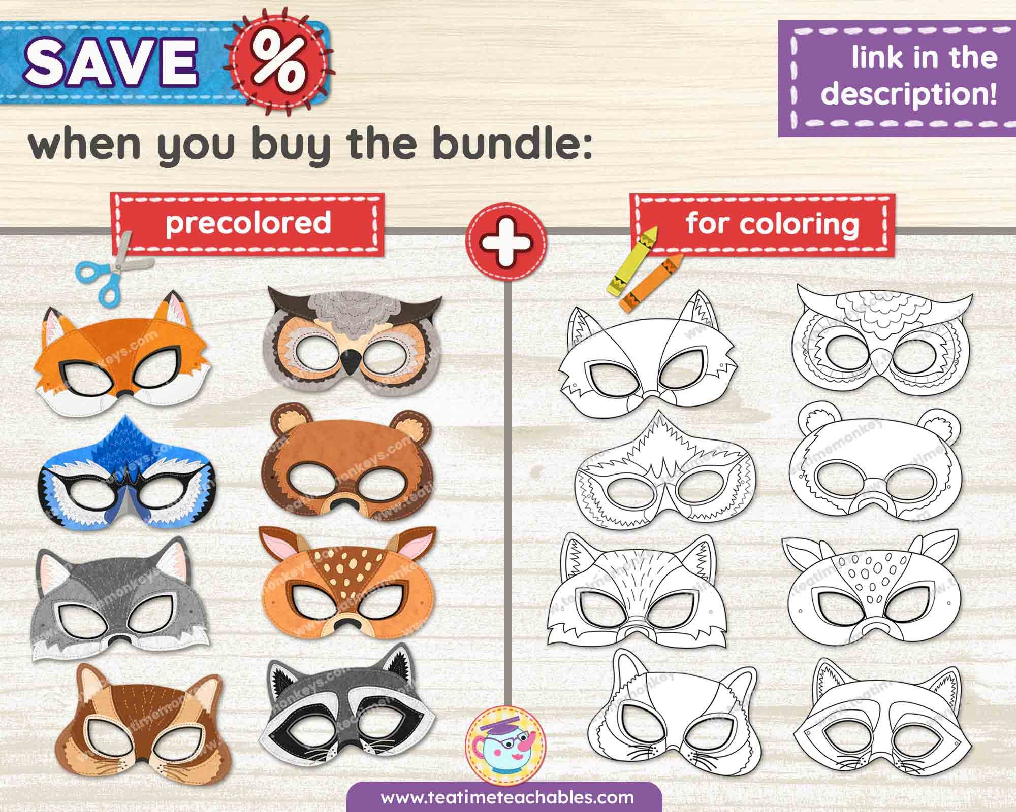 FOREST ANIMALS Masks Set 1 EIGHT Printable Masks for Coloring Forest ...