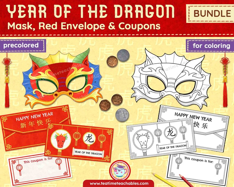 Year of the Dragon Craft BUNDLE: Printable Mask & Lucky Red Envelope ...