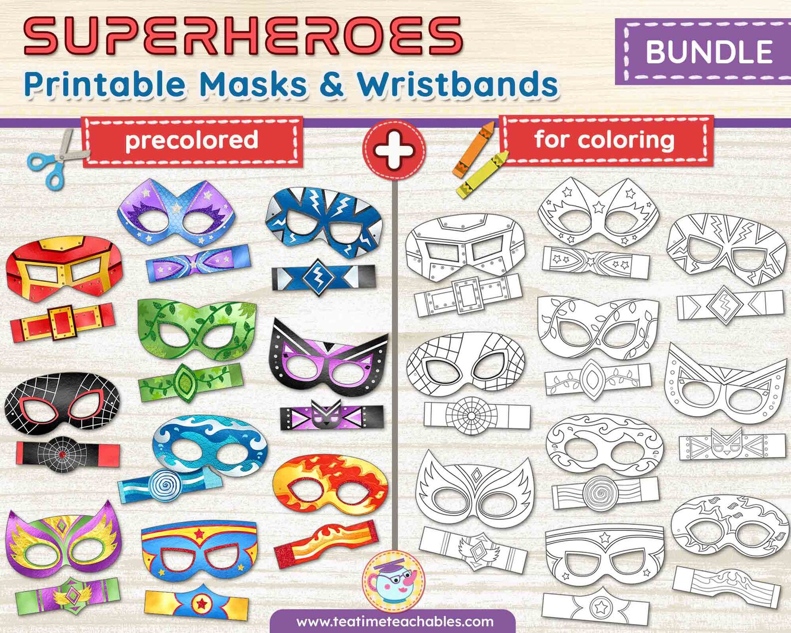 SUPERHEROES Masks for Kids Bundle - 20 Printable Masks: Precolored ...