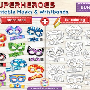 SUPERHEROES Masks for Kids Bundle - 20 Printable Masks: Precolored ...