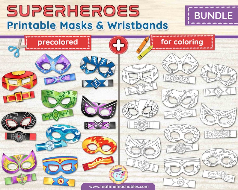 SUPERHEROES Masks for Kids Bundle - 20 Printable Masks: Precolored ...